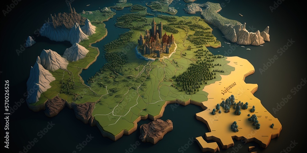 Medieval kingdom 3D map, Middle age kingdom volumetric map with ...