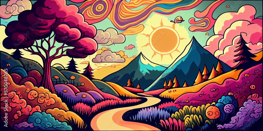 Colorful psychedelic landscape cartoon style wallpaper. 70s Hippie ...