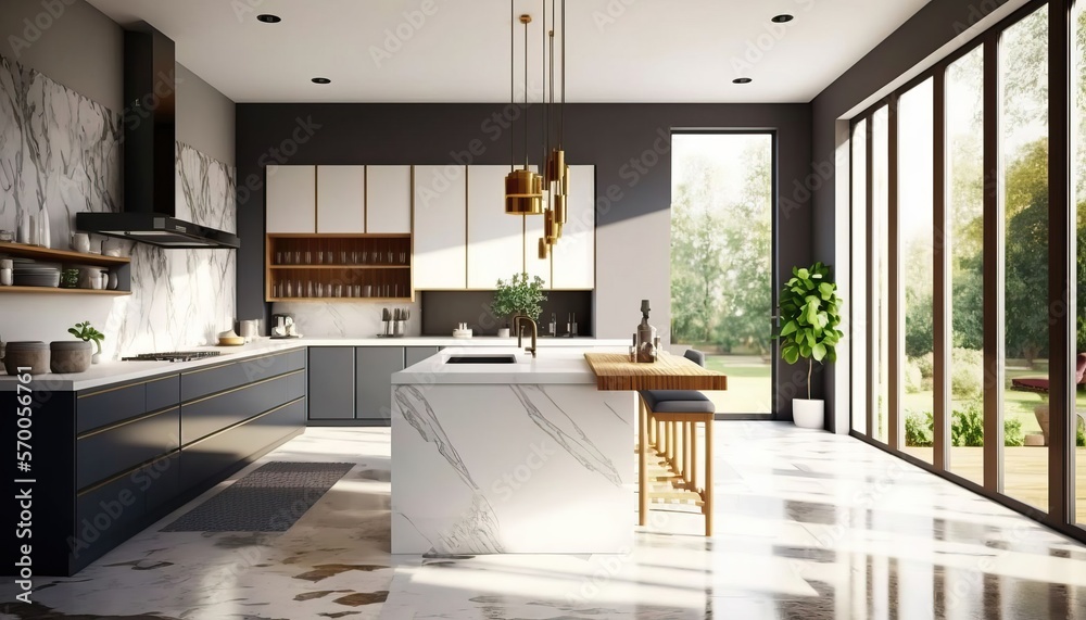 4K resolution or higher, Residential interior of modern kitchen in ...