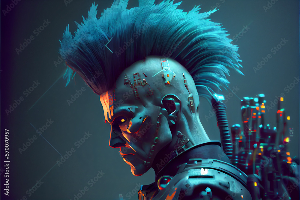 Cyberpunk AI hacker robot. Science fiction skull faced cyborg with ...