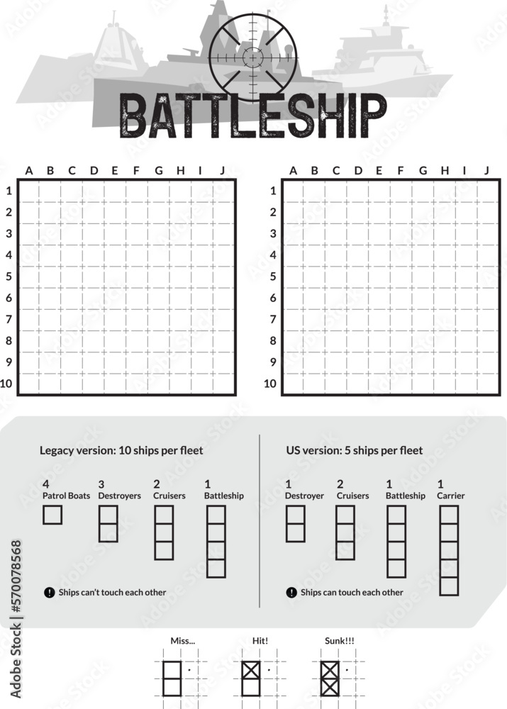 Battleship (aka Sea Battle) printable classic game Stock Vector | Adobe ...