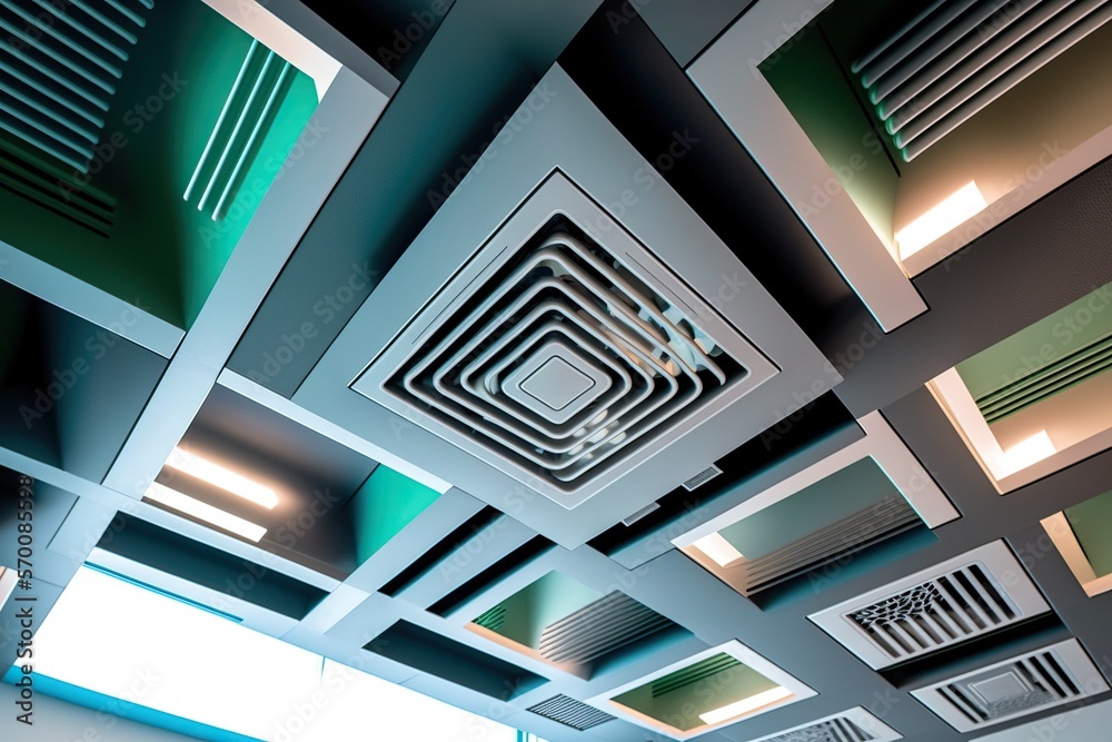 Ceiling in business center with ventilation tubes, concept of Airflow ...