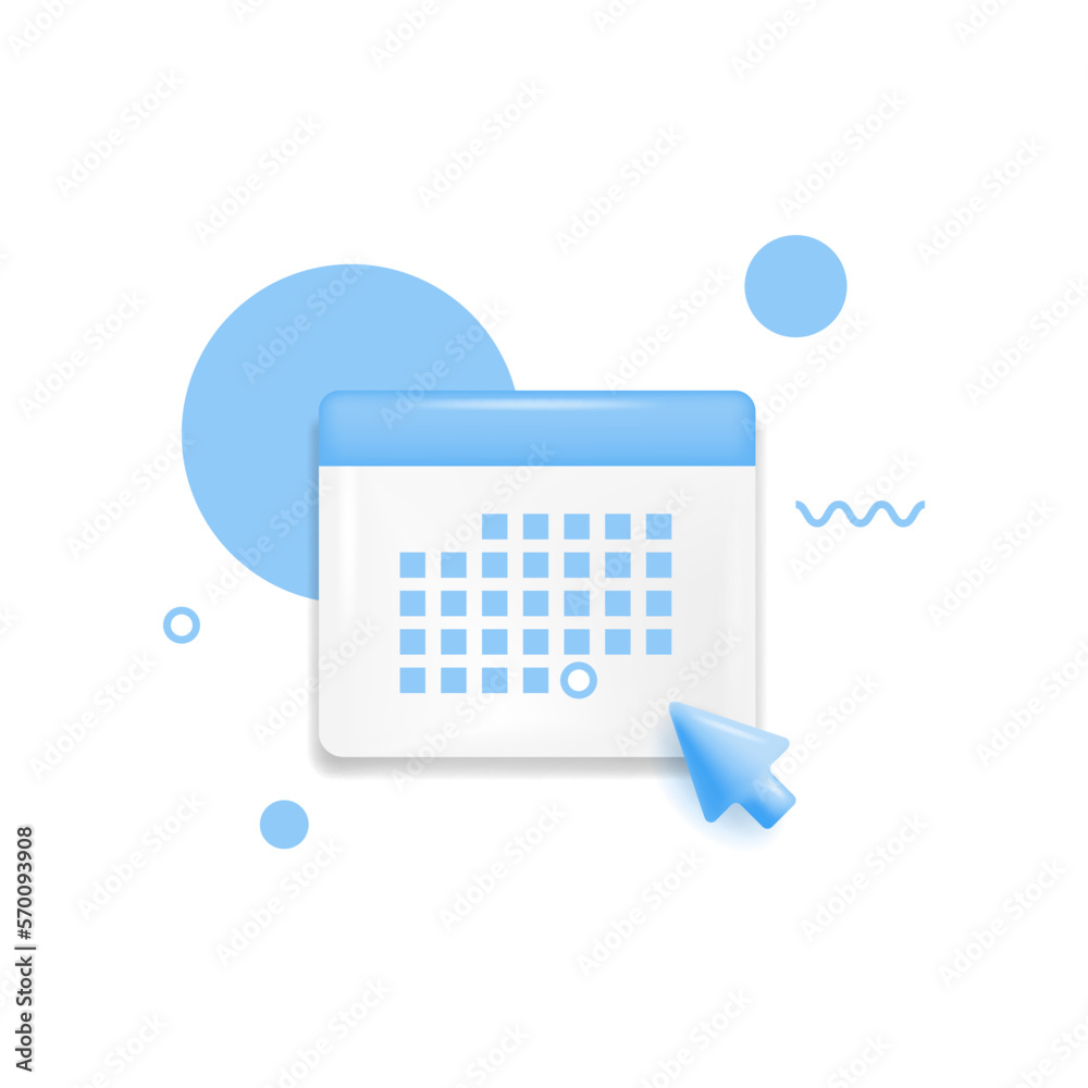 3d Calendar icon with one day selected. Mouse click cursor and abstract ...