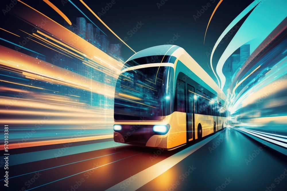 Motion blur and digital data flow on the road give the impression of ...