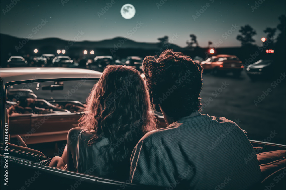 Couple in a car watching a movie on an outdoor cinema big screen, for ...