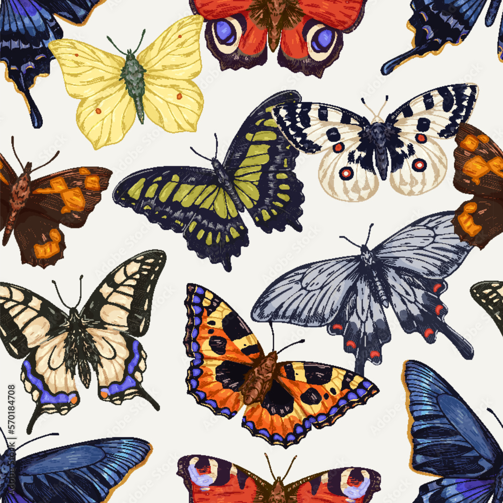 Seamless pattern, butterflies repeating print. Vintage fauna texture ...