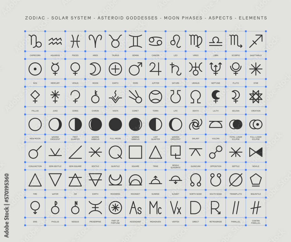 Zodiac, astrology elements, solar system, moon phases horoscope thin ...