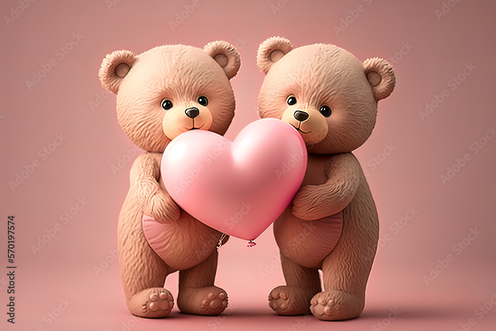 Cute teddy bear couple holding valentine heart shape balloon on pink pastel background. Photograph of Valentine s day card with adorable bears. Generative AI Stock Illustration Adobe Stock