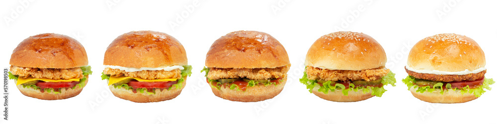 Set of delicious juicy different types of burgers for fast food menu ...