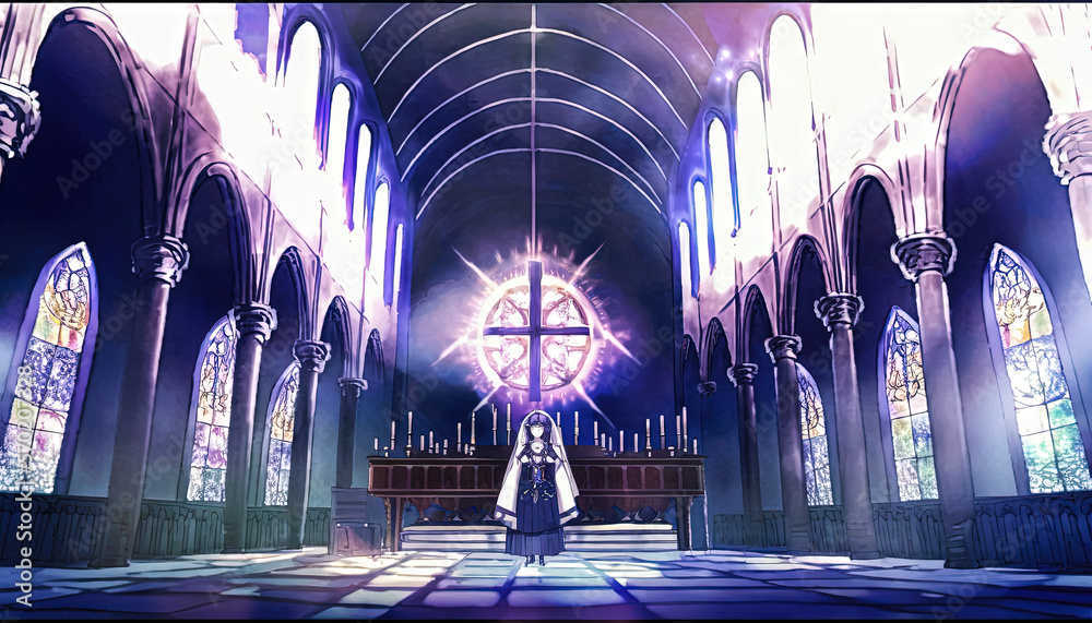 Interior of a church. Cult leader. Anime style. Illustration created ...