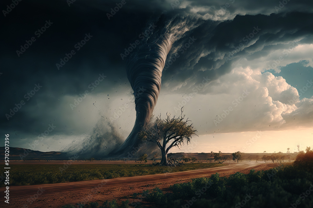 Large tornado destroying the landscape. Dark dramatic scenery with a ...