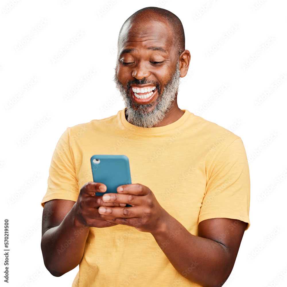 A happy African American man standing holding and using his cellphone ...