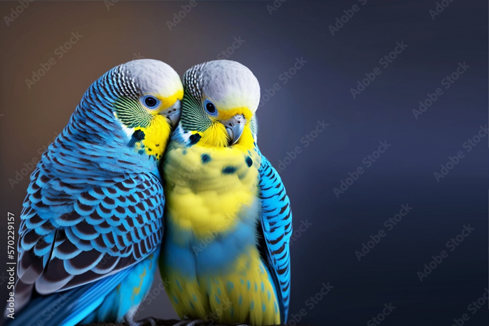 Two blue wavy lovesick parrots are sitting together and kissing ...