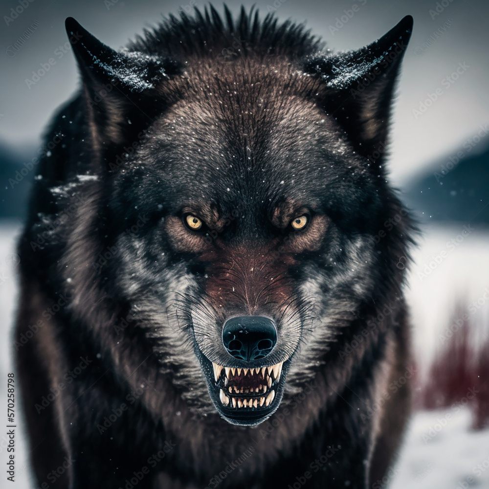 black wolf close up snarling in north pole Stock Illustration | Adobe Stock