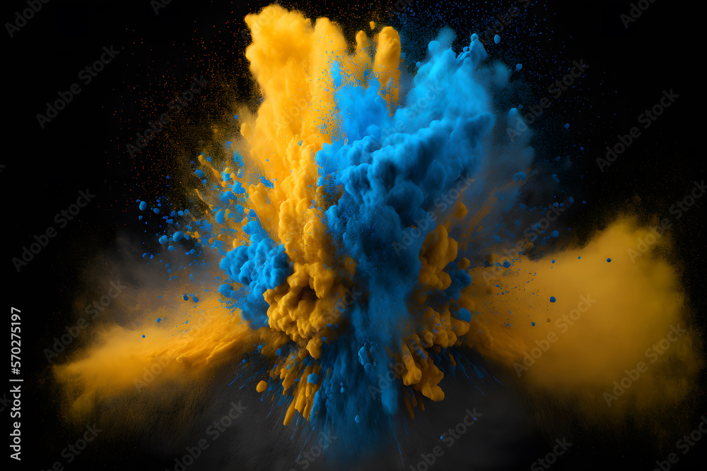 Explosion of yellow and blue color paint powder on black background ...