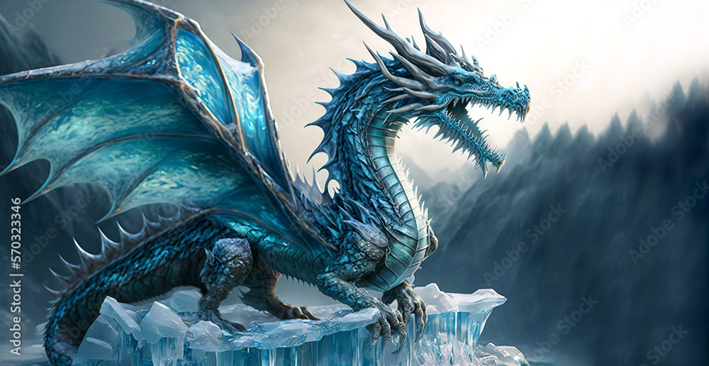 Beautiful blue Ice dragon, ice and fire full body shot of mythical fantasy creature with ...