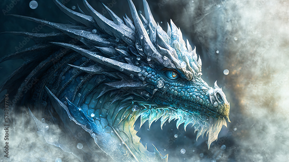 Beautiful blue Ice dragon, ice and fire close up head shot of mythical ...