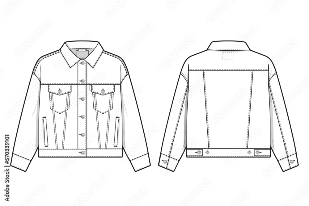 Women regular fit denim jean jacket trucker vector flat technical ...