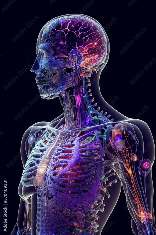 anatomical structure of body of a female cyborg human with artificial ...
