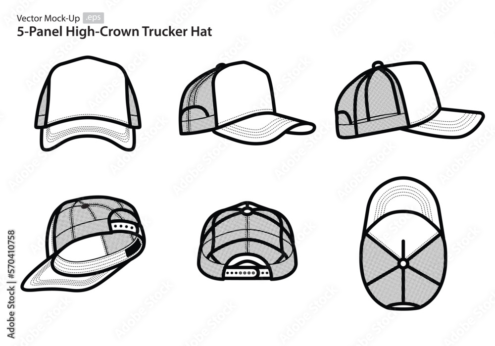 5-Panel Structured High-Crown Trucker Hat Vector Mock-Ups (Multiple ...