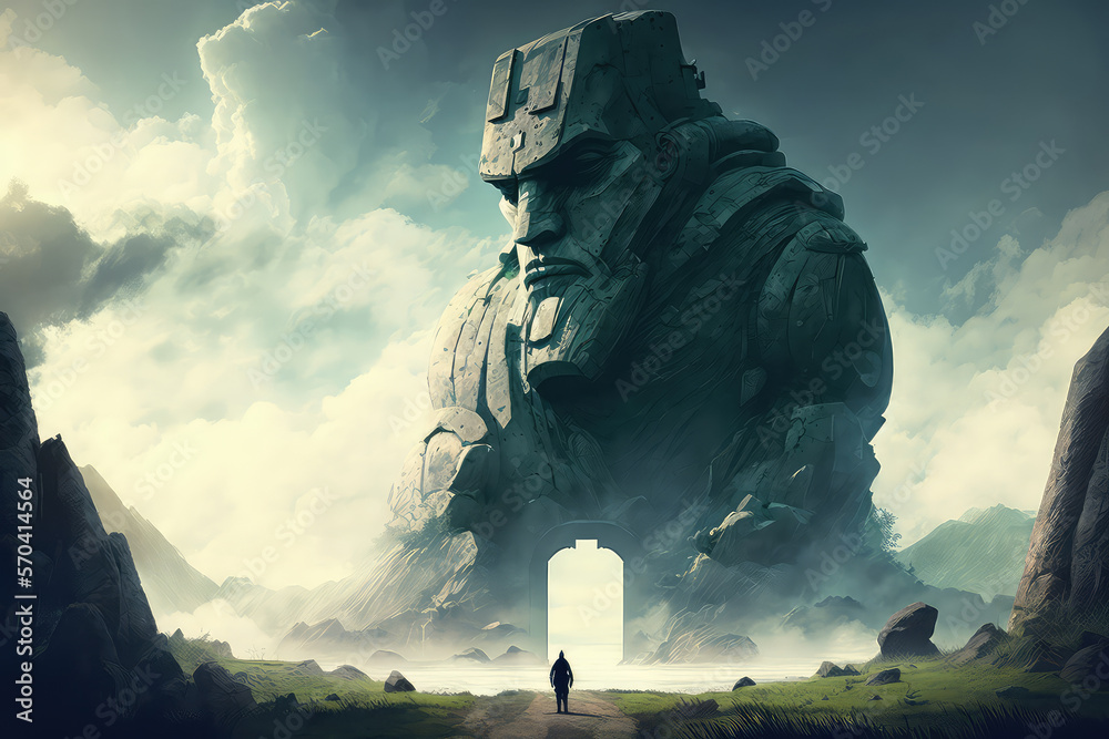 illustration painting of Fantasy art landscape with giant statue ...