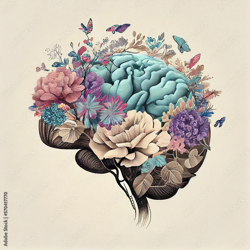 Human brain with flowers and butterflies, mental health and self care ...