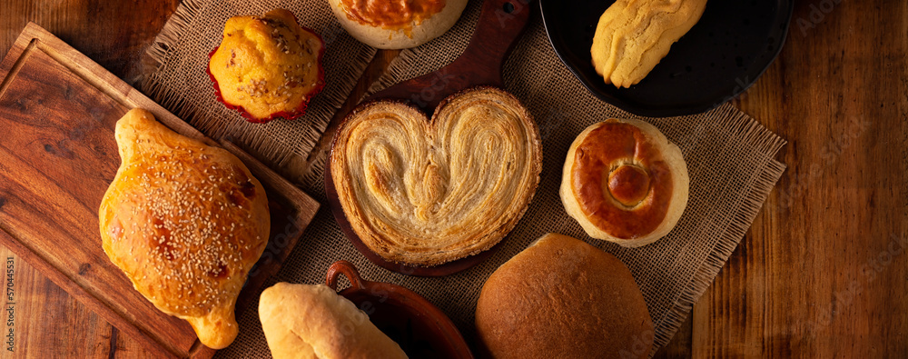 Variety of traditional Mexican sweet bread, Hojaldra, Bisquet, Cocol ...