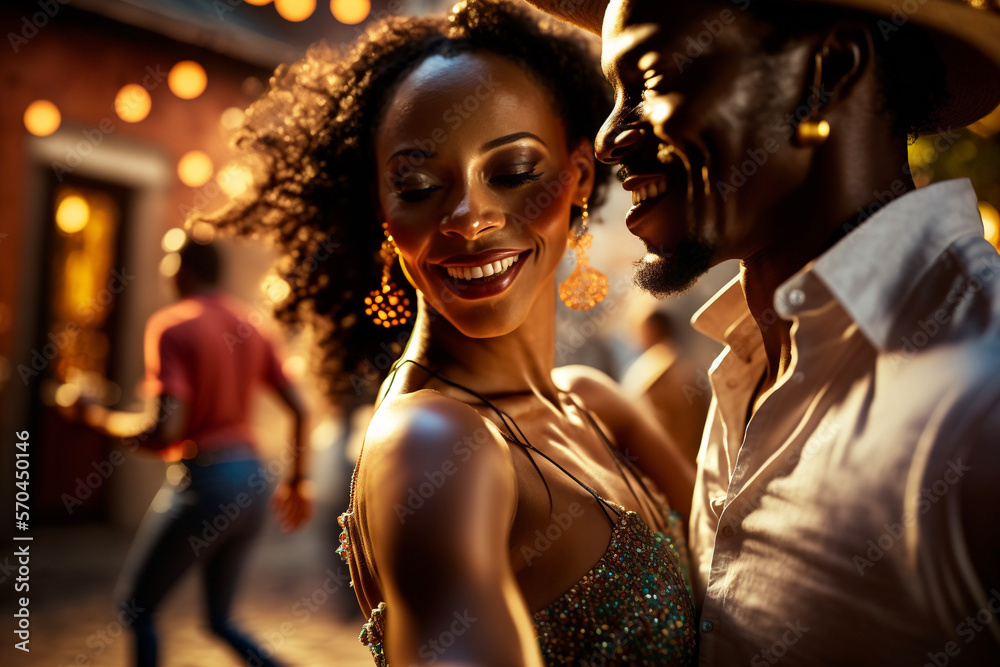 A fictional couple, dark skinned, latin couple dancing and enjoying ...