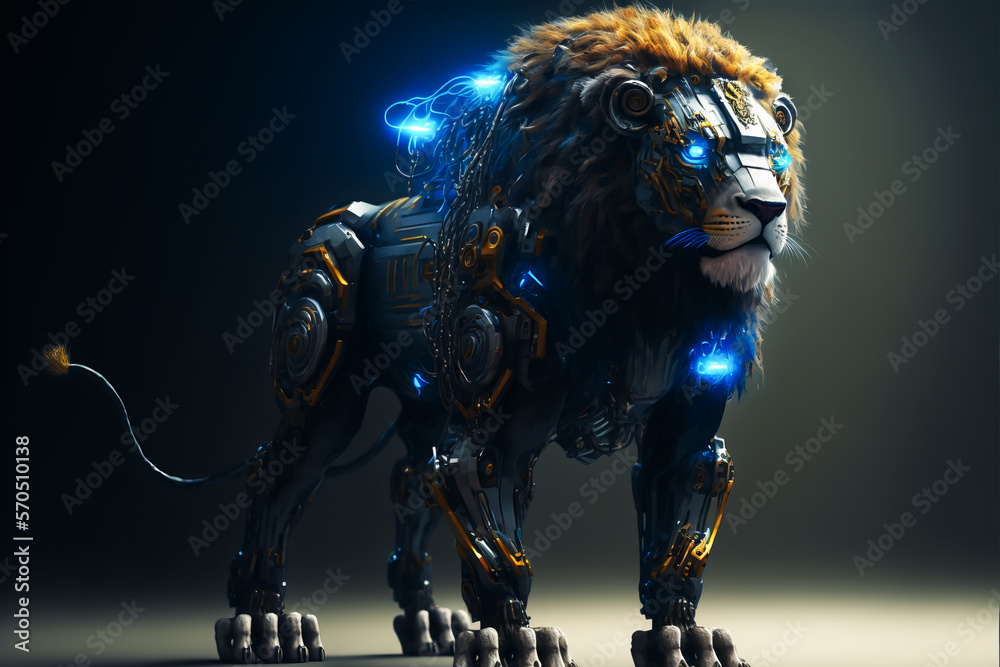 Cyber lion with neon glowing eyes and bodyparts on dark background, Generative AI. Cyborg lion ...