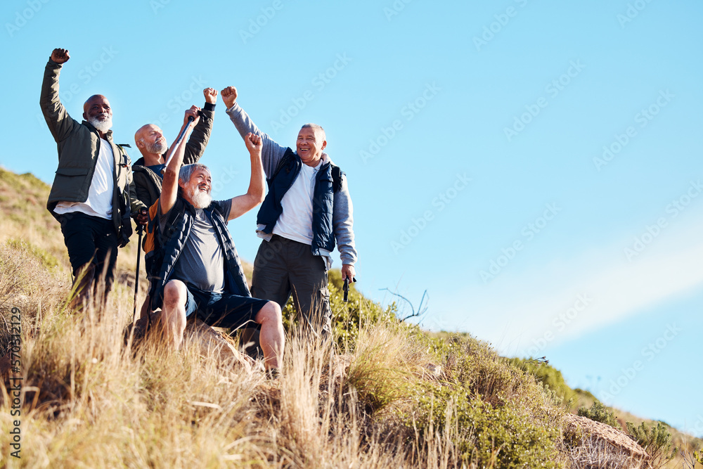 Men, senior and hiking success in nature, celebration and victory ...