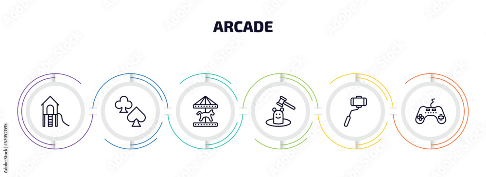 arcade infographic element with outline icons and 6 step or option ...