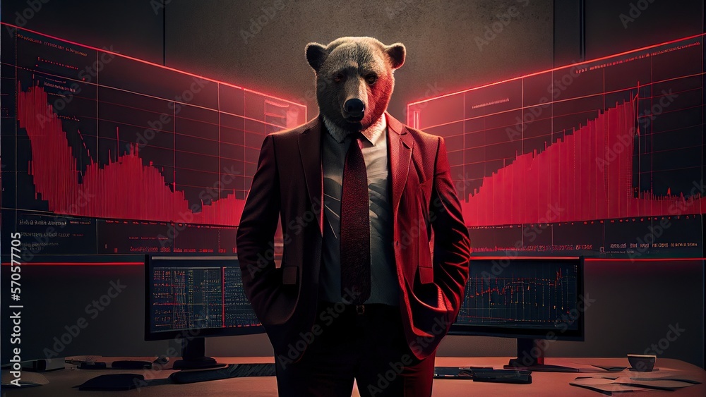 Bear in red suit with downtrend candlestick charts on monitors, bear ...