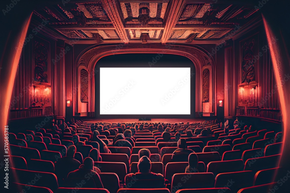 Art deco movie theater, vintage cinema with blank screen mock up ...