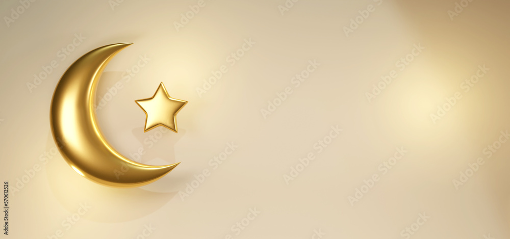 Horizonal 3d render background with islamic gold moon and star for Hari ...