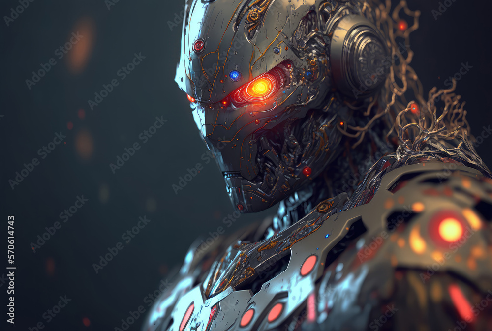 Chrome cyborg 3D illustration of futuristic metallic science fiction ...