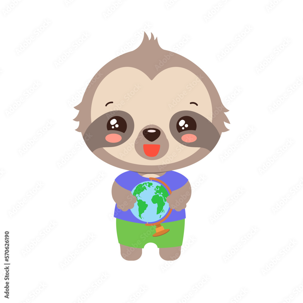 School student sloth holding a globe. Social studies learning ...