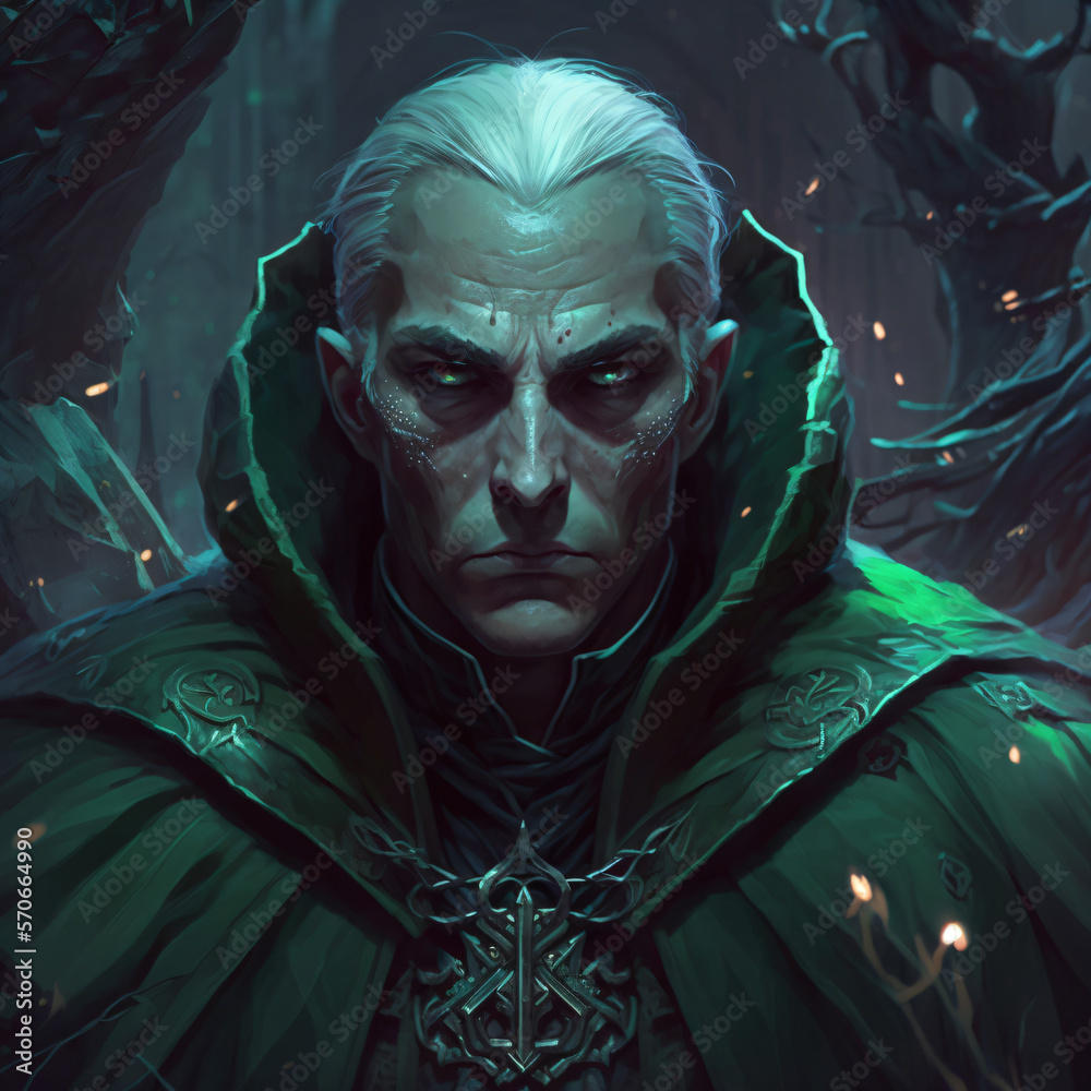 a human necromancer character wearing a green robe. portrait of a ...