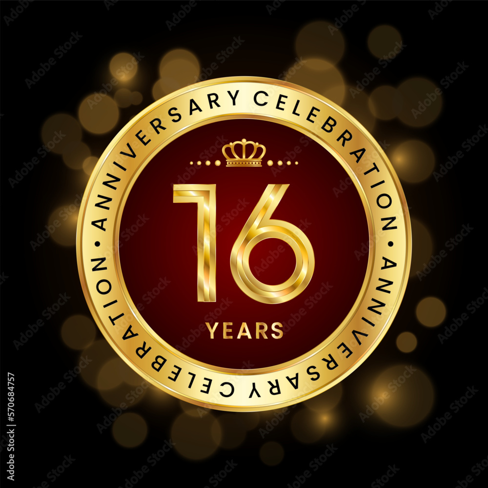 16th Anniversary Celebration. logo design with golden number and ring ...