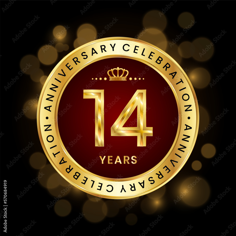 14th Anniversary Celebration. logo design with golden number and ring ...
