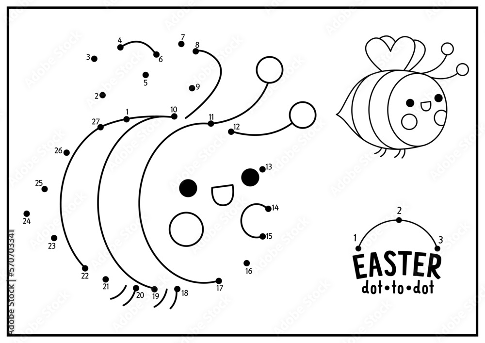 Vector Easter dot-to-dot and color activity with cute kawaii bee ...