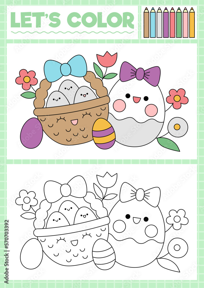 Easter coloring page for children with cute kawaii basket and egg ...