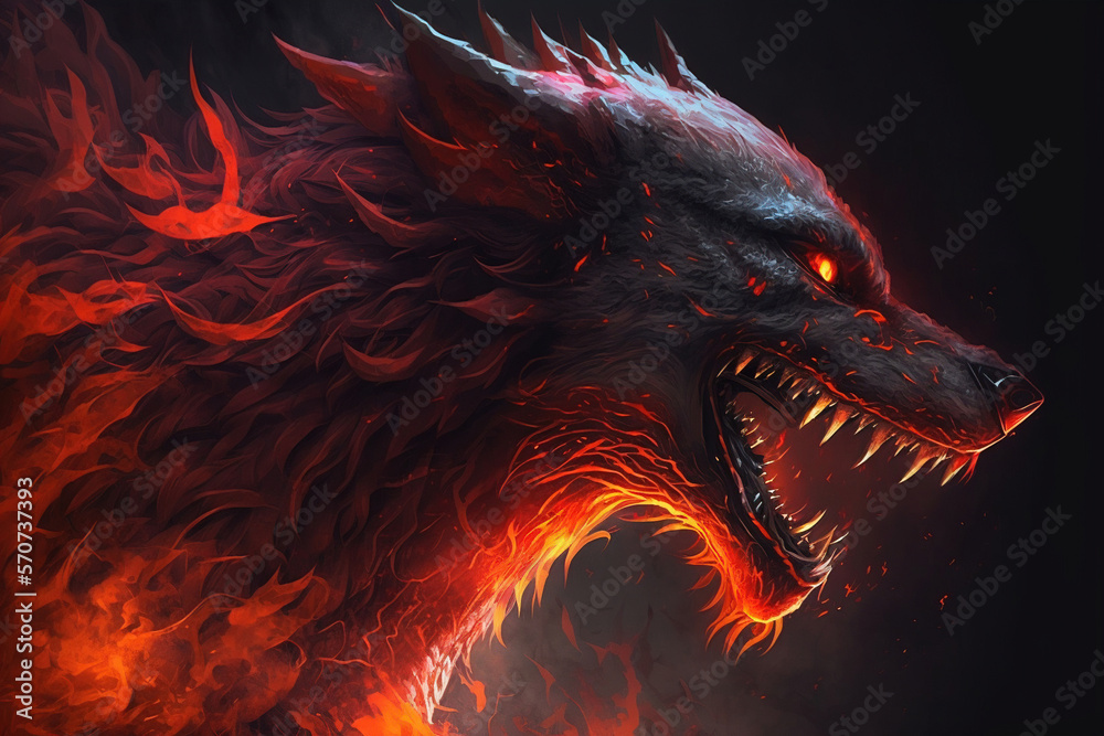 Evil wolf in red flames, fantasy, generative AI Stock Illustration ...