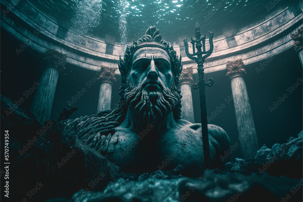 Sunken statue of the god Poseidon against the background of antique ...