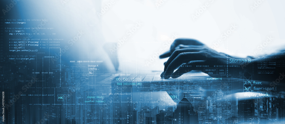 Digital technology, software development concept. Coding programmer, software engineer working ...