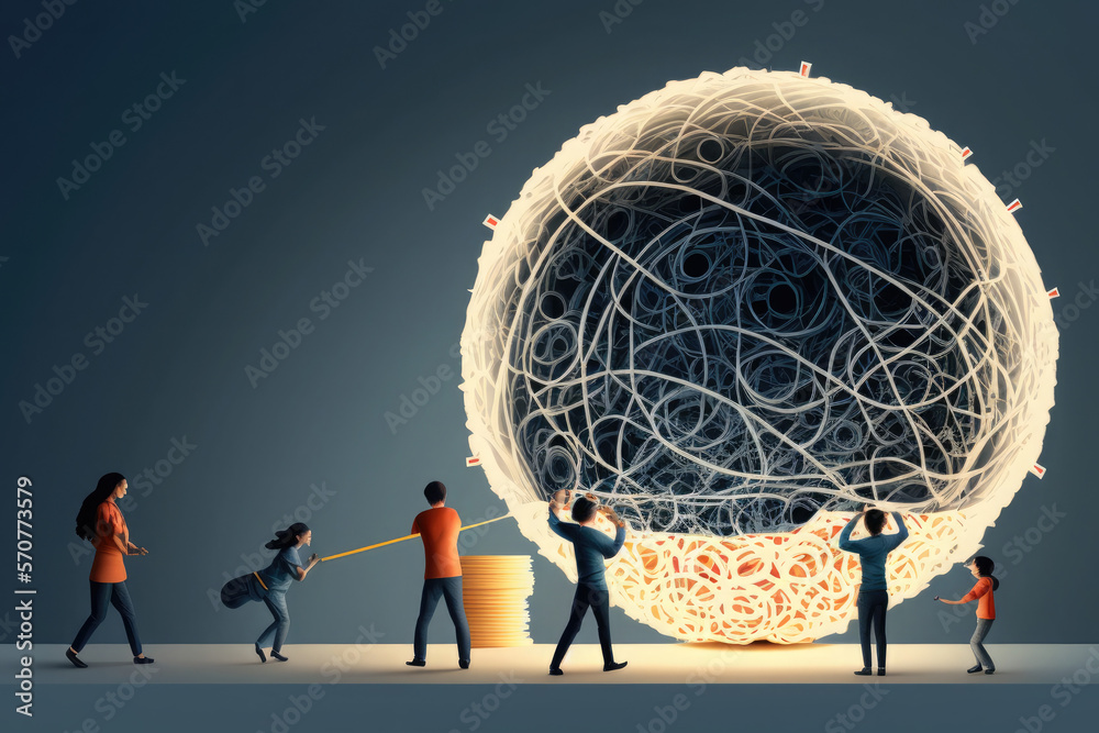 Group of people trying to solve a problem, cooperating and work ...