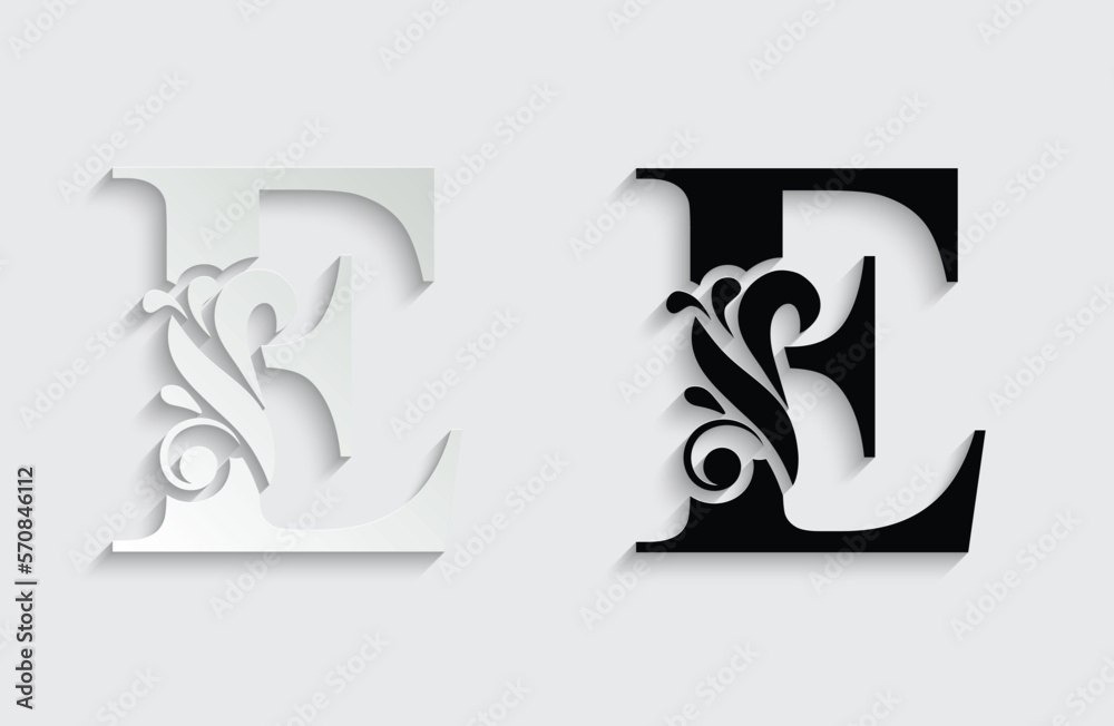 letter E . Black flower alphabet. Beautiful capital letters with shadow ...