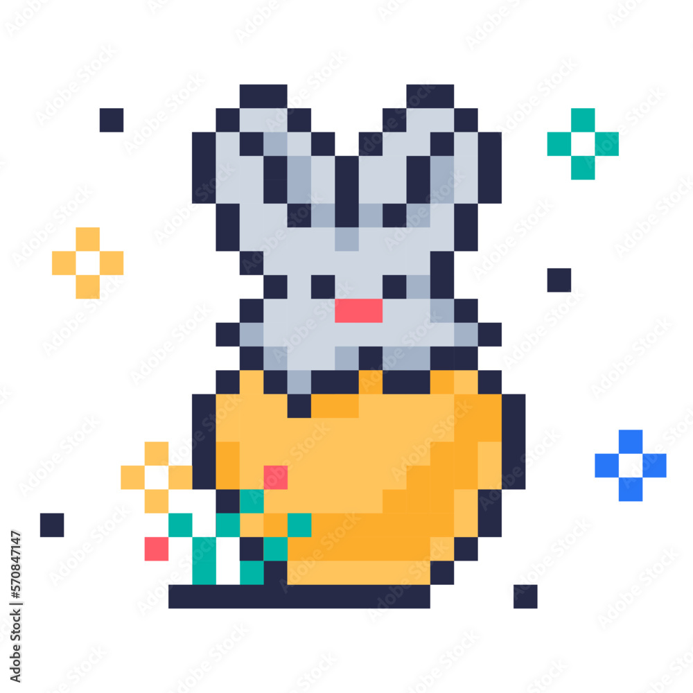 Pixel 8 bit easter bunny. Pixel art arcade game icon, painted chicken ...