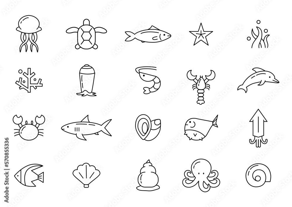 Sea fish. Ocean animal icons. Seafood outline symbols. Octopus and ...