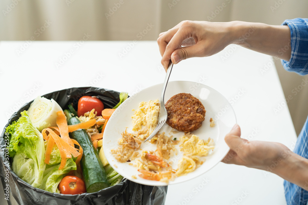 Compost from leftover food, refuse asian young housekeeper woman, girl ...