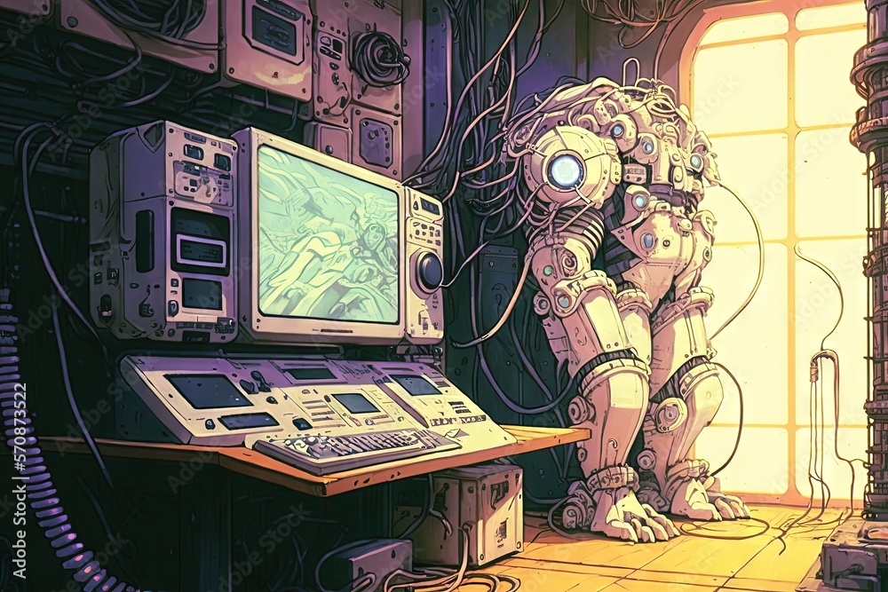 80's scifi anime environment, retro futuristic wallpaper with mech ...